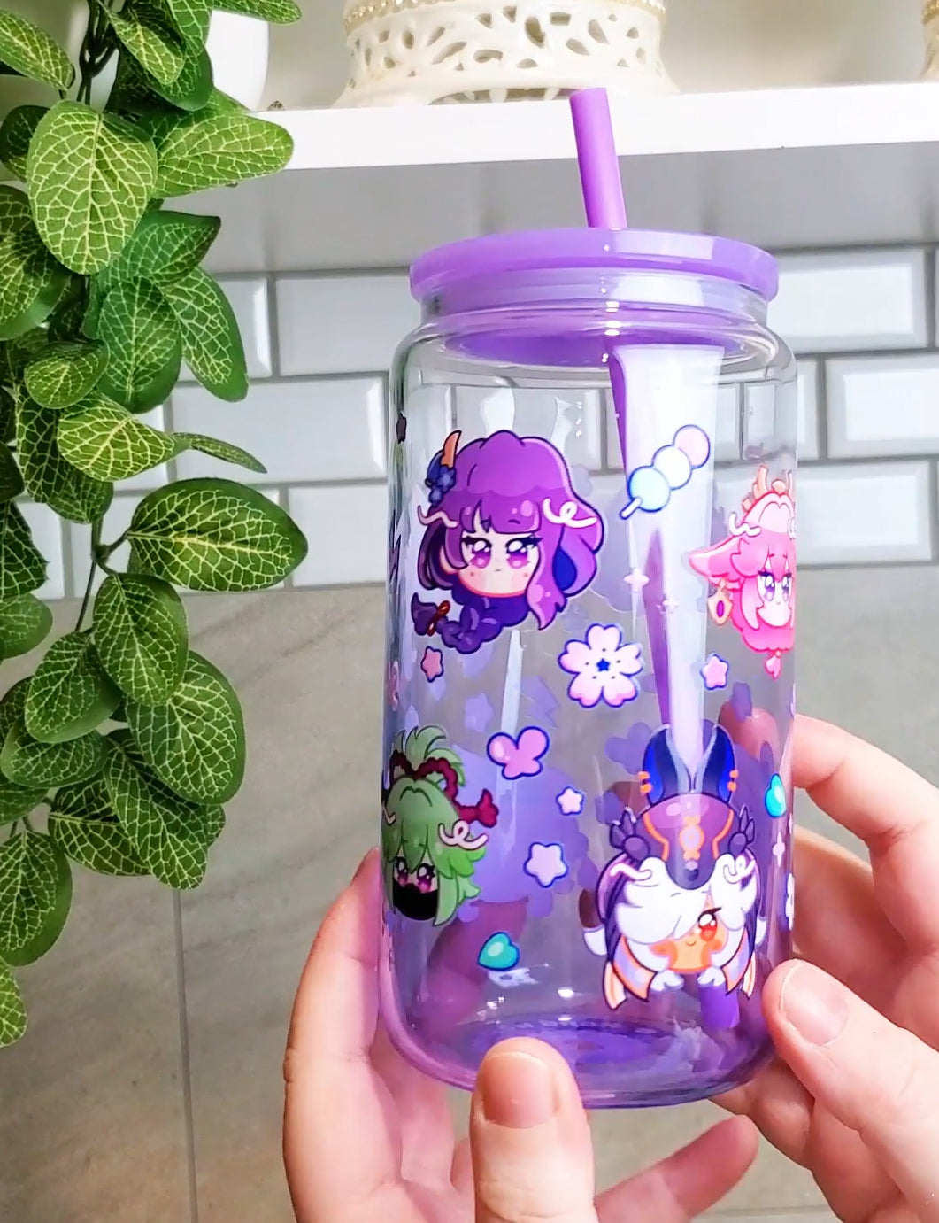 Genshin Visions - Electro Glass Cup | 16oz with Plastic Lid and straw ...